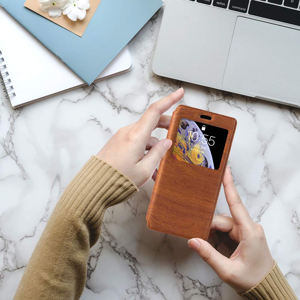 for Gigaset GS5 Case, Wood Grain Leather Case with Card Holder and Window, Magnetic Flip Cover for Gigaset GS5 Lite (6.3”)