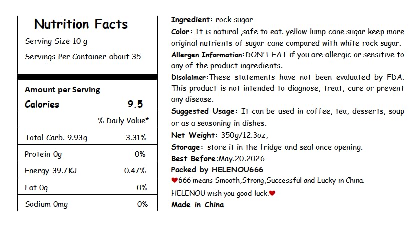 HELENOU666 Rock Sugar, Pure Raw Cane Yellow Lump Crystal Candy for Tea and Coffee