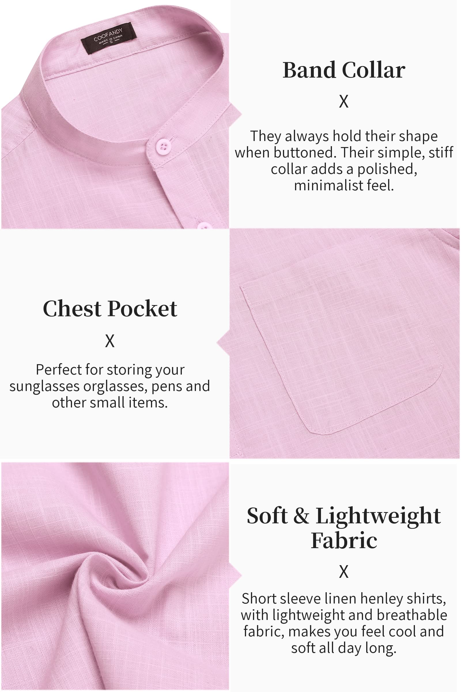 COOFANDY Men's Cotton Linen Henley Shirt Short Sleeve Hippie Casual Beach T-Shirts with Pocket Pink