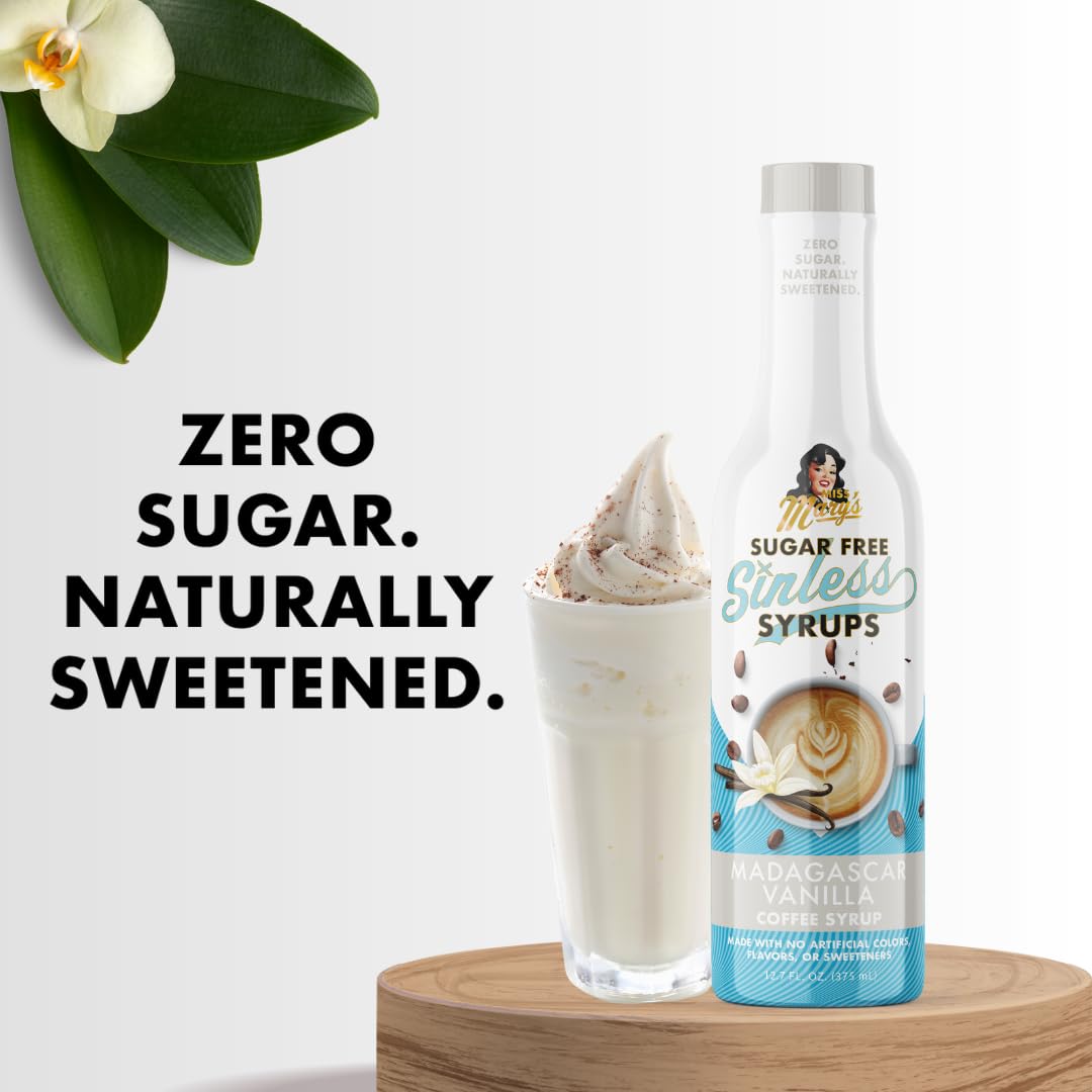 Miss Mary's Madagascar Vanilla Sugar Free Coffee Syrup- Stevia Based, No Sugar Alcohols or Sucralose, No Artificial Sweeteners, Natural Ingredients, Coffee Tea Cocoa Dessert, Keto Friendly, 1 Pack