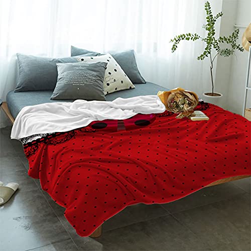 Throw Blanket Warm Soft Blanket Throws for Sofa Couch Bed, Valentine Ladybug Lace Edge Wave-Dot Texture Flannel Fleece Bed Blanket Lightweight Cozy Plush Blanket for All Seasons 50x60 Inches