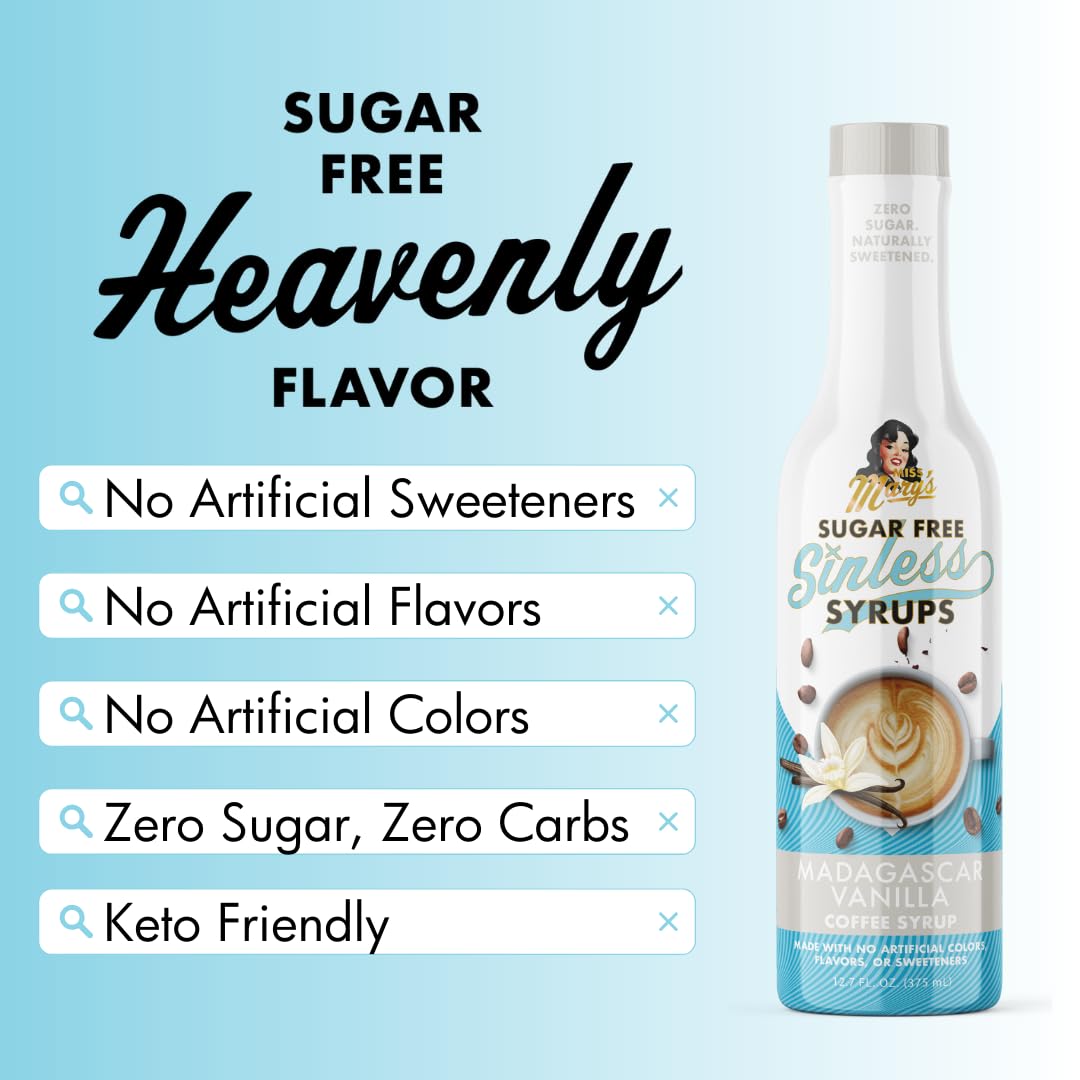 Miss Mary's Madagascar Vanilla Sugar Free Coffee Syrup- Stevia Based, No Sugar Alcohols or Sucralose, No Artificial Sweeteners, Natural Ingredients, Coffee Tea Cocoa Dessert, Keto Friendly, 1 Pack