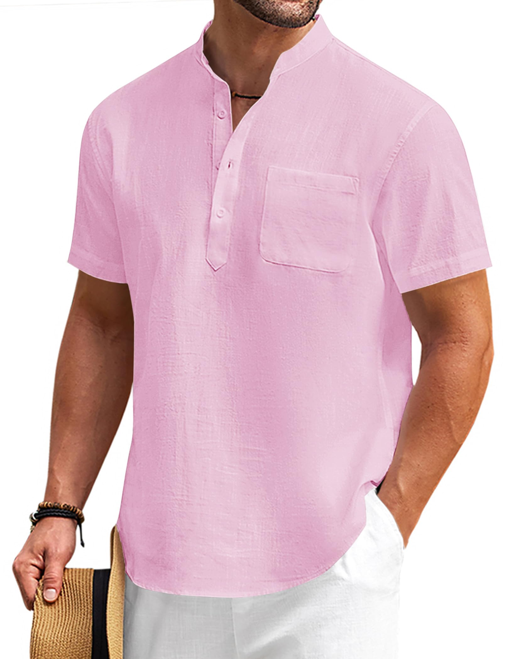 COOFANDY Men's Cotton Linen Henley Shirt Short Sleeve Hippie Casual Beach T-Shirts with Pocket Pink
