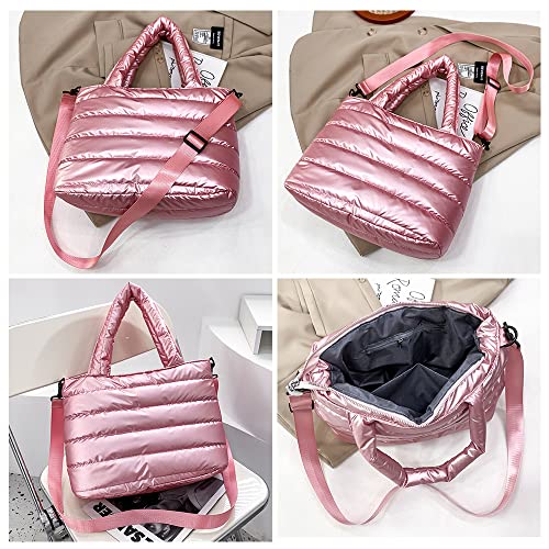 Ovida Women Puffer Tote Bag Puffy Shoulder Bag Quilted Top-Handle Crossbody Bag Down Cotton Padded Tote Handbag with Zipper (Pink)