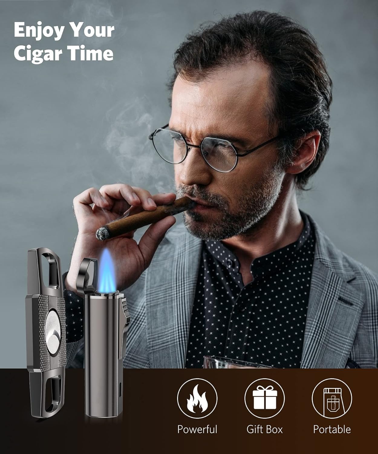 RONXS Cigar Lighter and Cutter Set, Adjustable Jet Flame Torch Lighter and Cigar Cutter, Windproof Cigarette Lighters, Great Gift Idea for Father's Day and Birthday (Butane Gas Not Included) (Black)