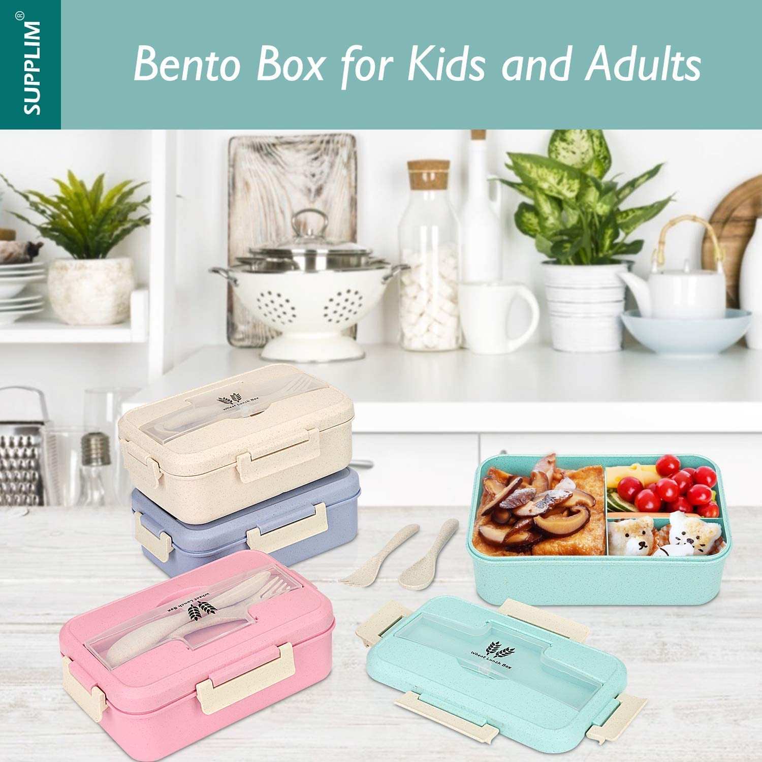 Supplim Bento Box For Kids Adults Lunch Box With 3 Compartment,Wheat Fiber Leak Proof Food Container With Spoon & Fork,1200ML Lunch Boxes Containers For Men Women (Model2-Green)