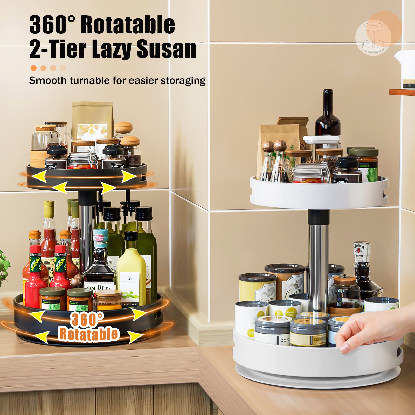Lazy Susans Organizer 2 Tier Metal Steel Turntable Rotating Spice Racks for Cabinet Pantry Cupboard Table, 10 inch, Black
