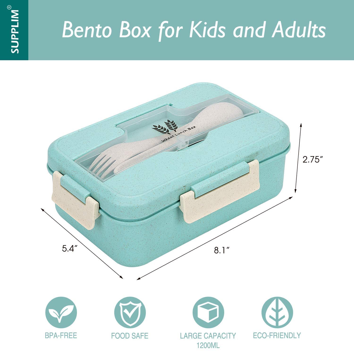 Supplim Bento Box For Kids Adults Lunch Box With 3 Compartment,Wheat Fiber Leak Proof Food Container With Spoon & Fork,1200ML Lunch Boxes Containers For Men Women (Model2-Green)