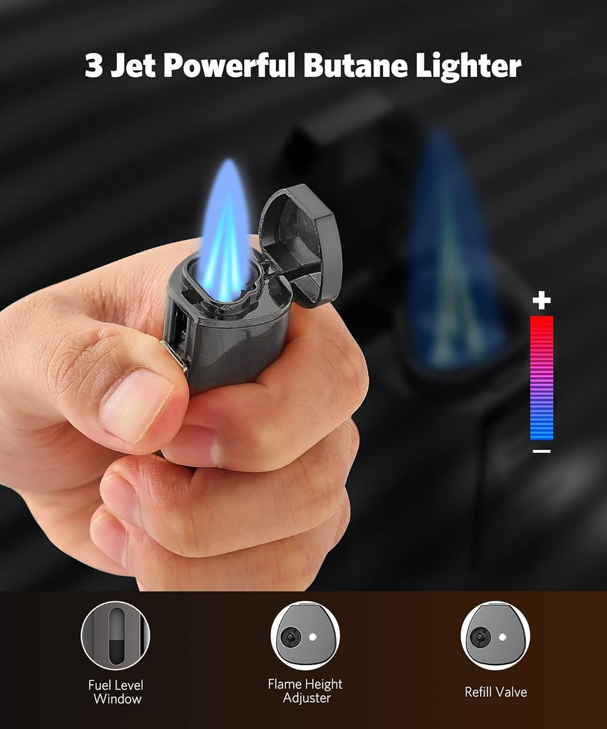 RONXS Cigar Lighter and Cutter Set, Adjustable Jet Flame Torch Lighter and Cigar Cutter, Windproof Cigarette Lighters, Great Gift Idea for Father's Day and Birthday (Butane Gas Not Included) (Black)