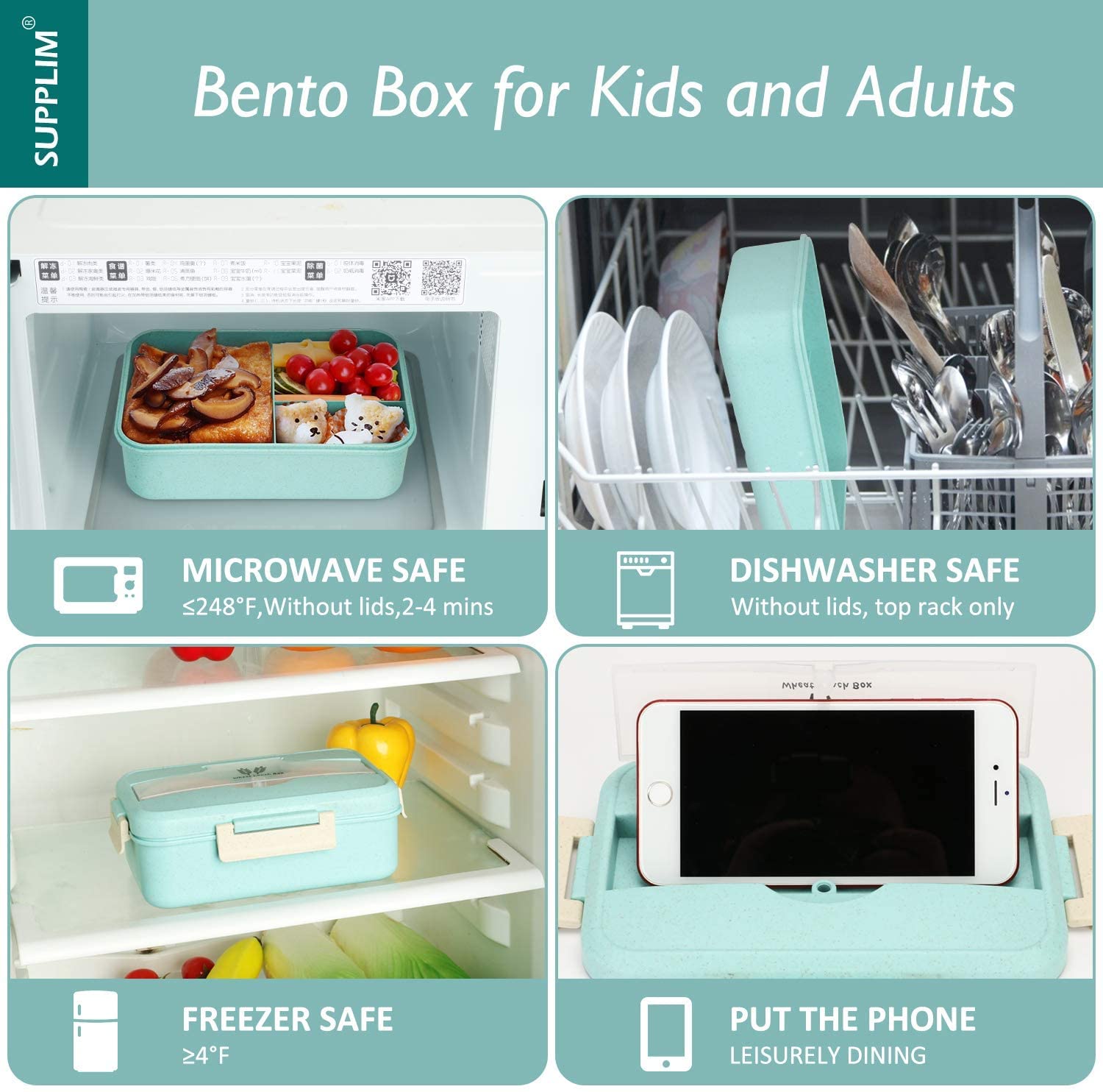 Supplim Bento Box For Kids Adults Lunch Box With 3 Compartment,Wheat Fiber Leak Proof Food Container With Spoon & Fork,1200ML Lunch Boxes Containers For Men Women (Model2-Green)