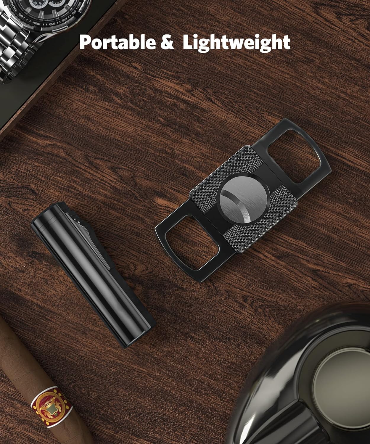 RONXS Cigar Lighter and Cutter Set, Adjustable Jet Flame Torch Lighter and Cigar Cutter, Windproof Cigarette Lighters, Great Gift Idea for Father's Day and Birthday (Butane Gas Not Included) (Black)