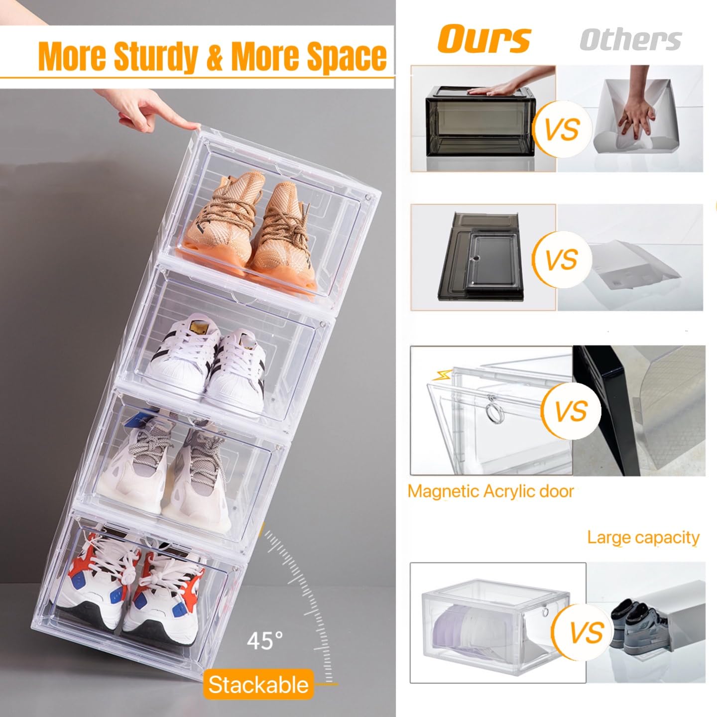 Attelite Drop Front Shoe Box,Set of 6,Stackable Plastic Shoe Box with Clear Door, As Shoe Storage Box and Clear Shoe Box,For Display Sneakers,Easy Assembly,Fit up to US Size 12(13.4”x 10.6”x 7.4”)