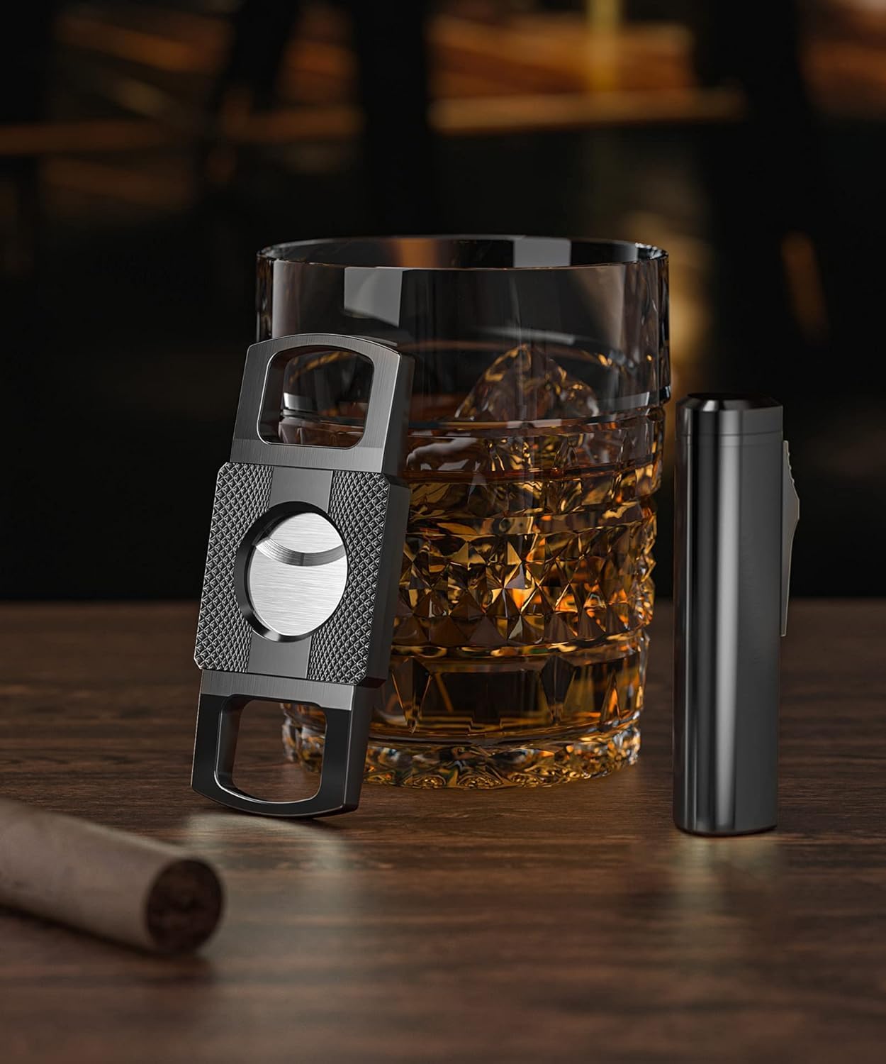 RONXS Cigar Lighter and Cutter Set, Adjustable Jet Flame Torch Lighter and Cigar Cutter, Windproof Cigarette Lighters, Great Gift Idea for Father's Day and Birthday (Butane Gas Not Included) (Black)
