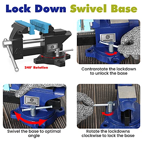 Nuovoware Heavy Duty Bench Vise 4.5 Inch, 240° Swivel Locking Base Bench Clamp with 125mm Vise Jaw, Clamp-on Home Merchanic Vice Desktop Clamp for Woodworking, Drilling, Cutting Conduit -Blue + Blue