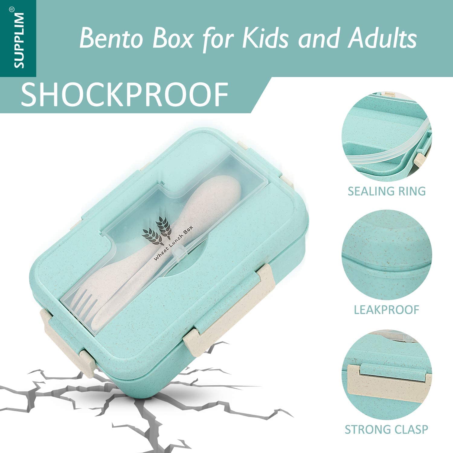 Supplim Bento Box For Kids Adults Lunch Box With 3 Compartment,Wheat Fiber Leak Proof Food Container With Spoon & Fork,1200ML Lunch Boxes Containers For Men Women (Model2-Green)