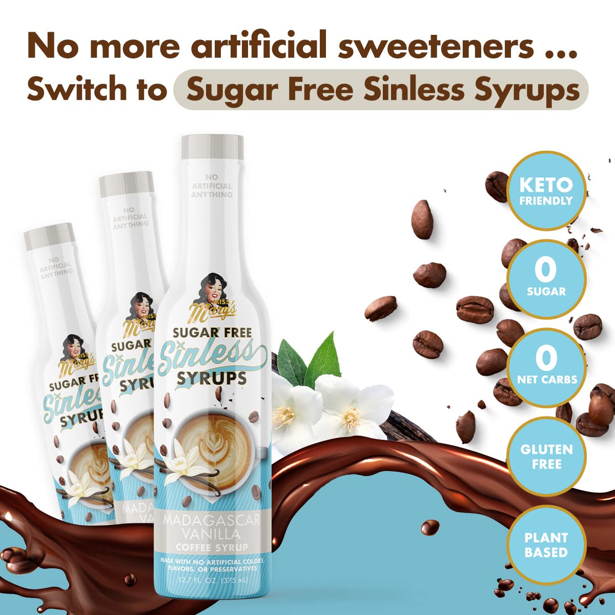 Miss Mary's Madagascar Vanilla Sugar Free Coffee Syrup- Stevia Based, No Sugar Alcohols or Sucralose, No Artificial Sweeteners, Natural Ingredients, Coffee Tea Cocoa Dessert, Keto Friendly, 1 Pack
