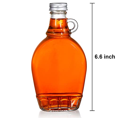 Bekith 16 Pack 8 Ounce Glass Maple Syrup Bottles, Clear Glass Bottle Set with Loop Handle & Sliver Plastic Lids for Syrup