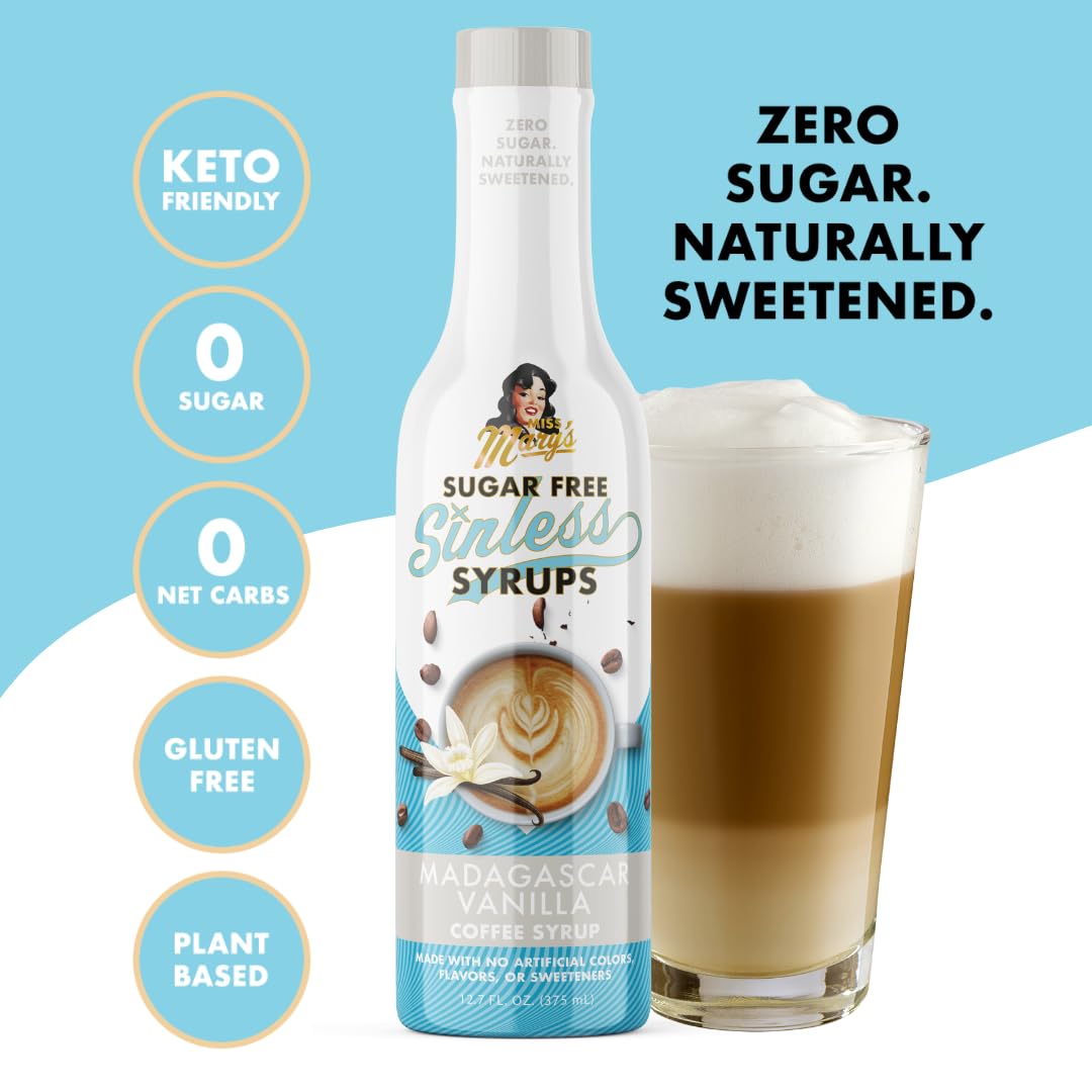 Miss Mary's Madagascar Vanilla Sugar Free Coffee Syrup- Stevia Based, No Sugar Alcohols or Sucralose, No Artificial Sweeteners, Natural Ingredients, Coffee Tea Cocoa Dessert, Keto Friendly, 1 Pack