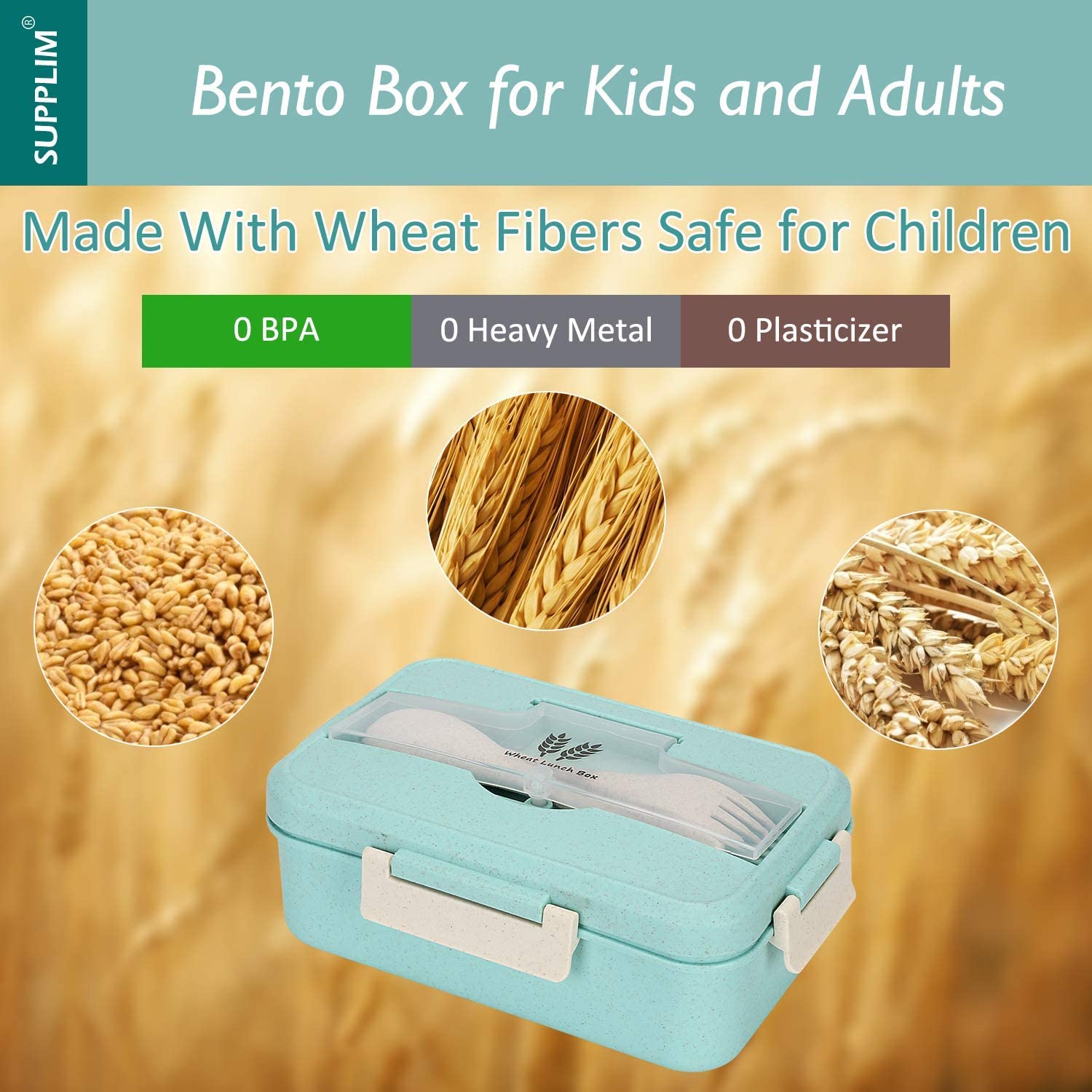 Supplim Bento Box For Kids Adults Lunch Box With 3 Compartment,Wheat Fiber Leak Proof Food Container With Spoon & Fork,1200ML Lunch Boxes Containers For Men Women (Model2-Green)