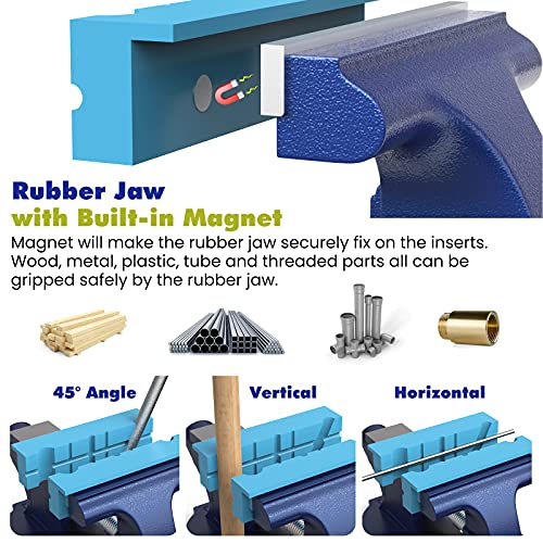 Nuovoware Heavy Duty Bench Vise 4.5 Inch, 240° Swivel Locking Base Bench Clamp with 125mm Vise Jaw, Clamp-on Home Merchanic Vice Desktop Clamp for Woodworking, Drilling, Cutting Conduit -Blue + Blue