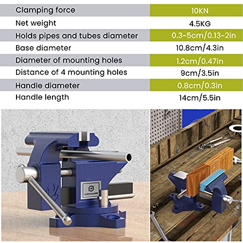 Nuovoware Heavy Duty Bench Vise 4.5 Inch, 240° Swivel Locking Base Bench Clamp with 125mm Vise Jaw, Clamp-on Home Merchanic Vice Desktop Clamp for Woodworking, Drilling, Cutting Conduit -Blue + Blue