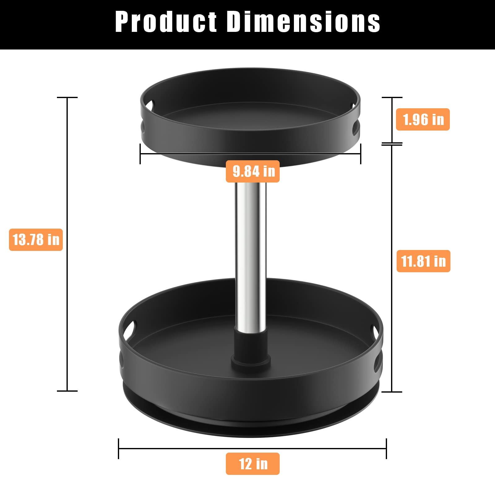 Lazy Susans Organizer 2 Tier Metal Steel Turntable Rotating Spice Racks for Cabinet Pantry Cupboard Table, 10 inch, Black