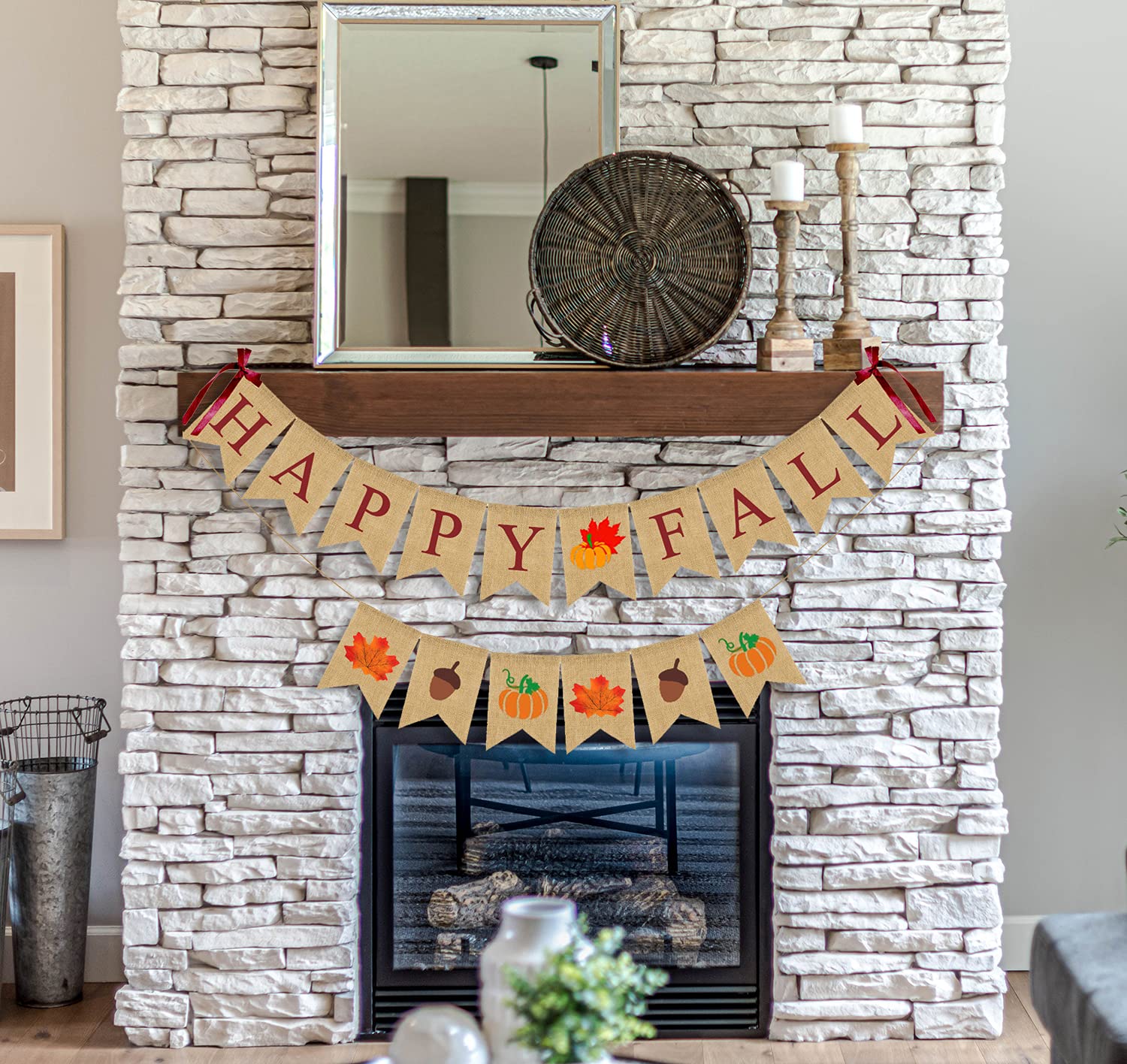 JOZON Happy Fall Burlap Banner Happy Fall Bunting Banner Garland with Pumpkins Maple Leaves Acorn Sign for Autumn Party Decorations Thanksgiving Fall Harvest Decor for Mantle Fireplace Wall