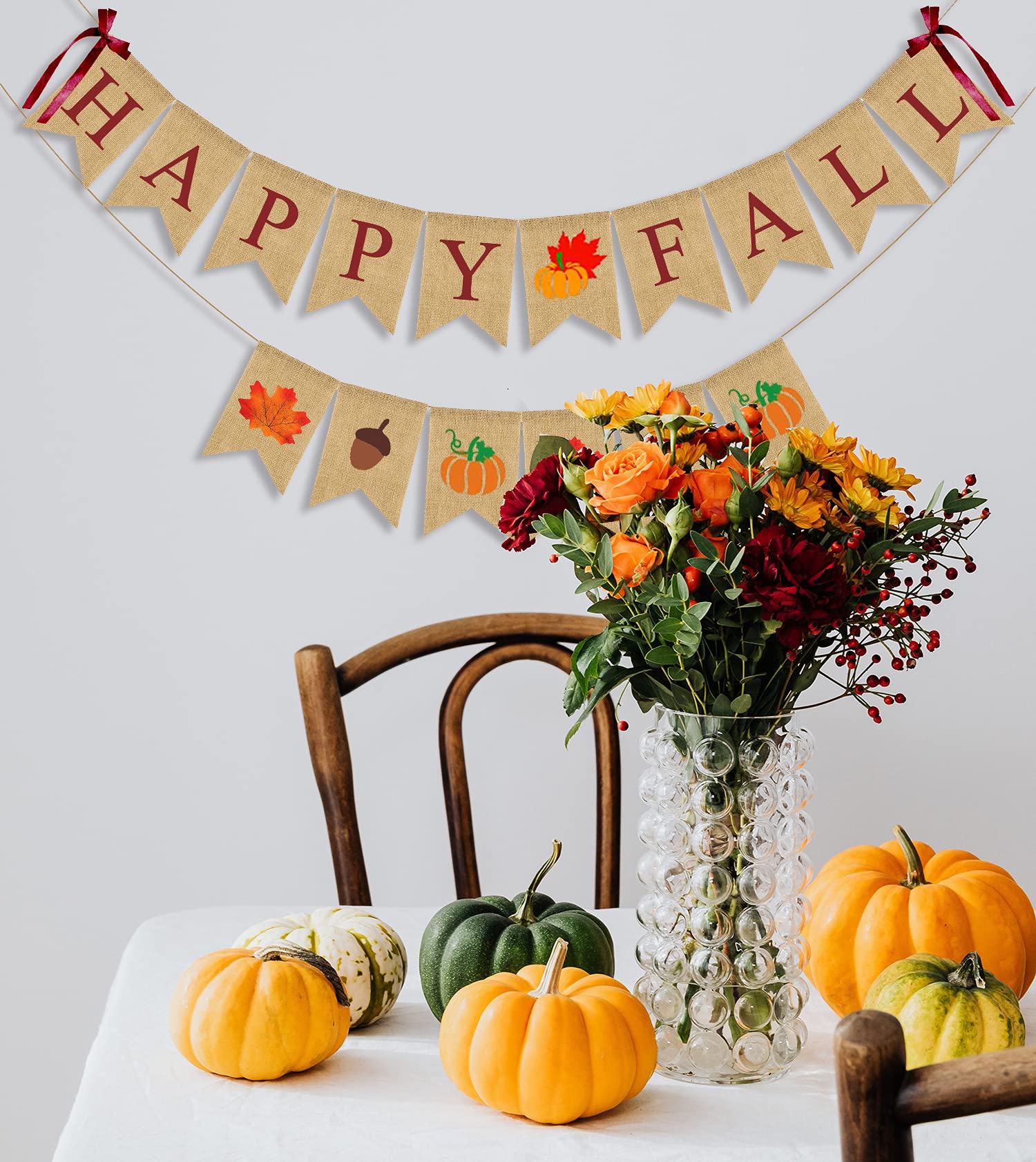JOZON Happy Fall Burlap Banner Happy Fall Bunting Banner Garland with Pumpkins Maple Leaves Acorn Sign for Autumn Party Decorations Thanksgiving Fall Harvest Decor for Mantle Fireplace Wall