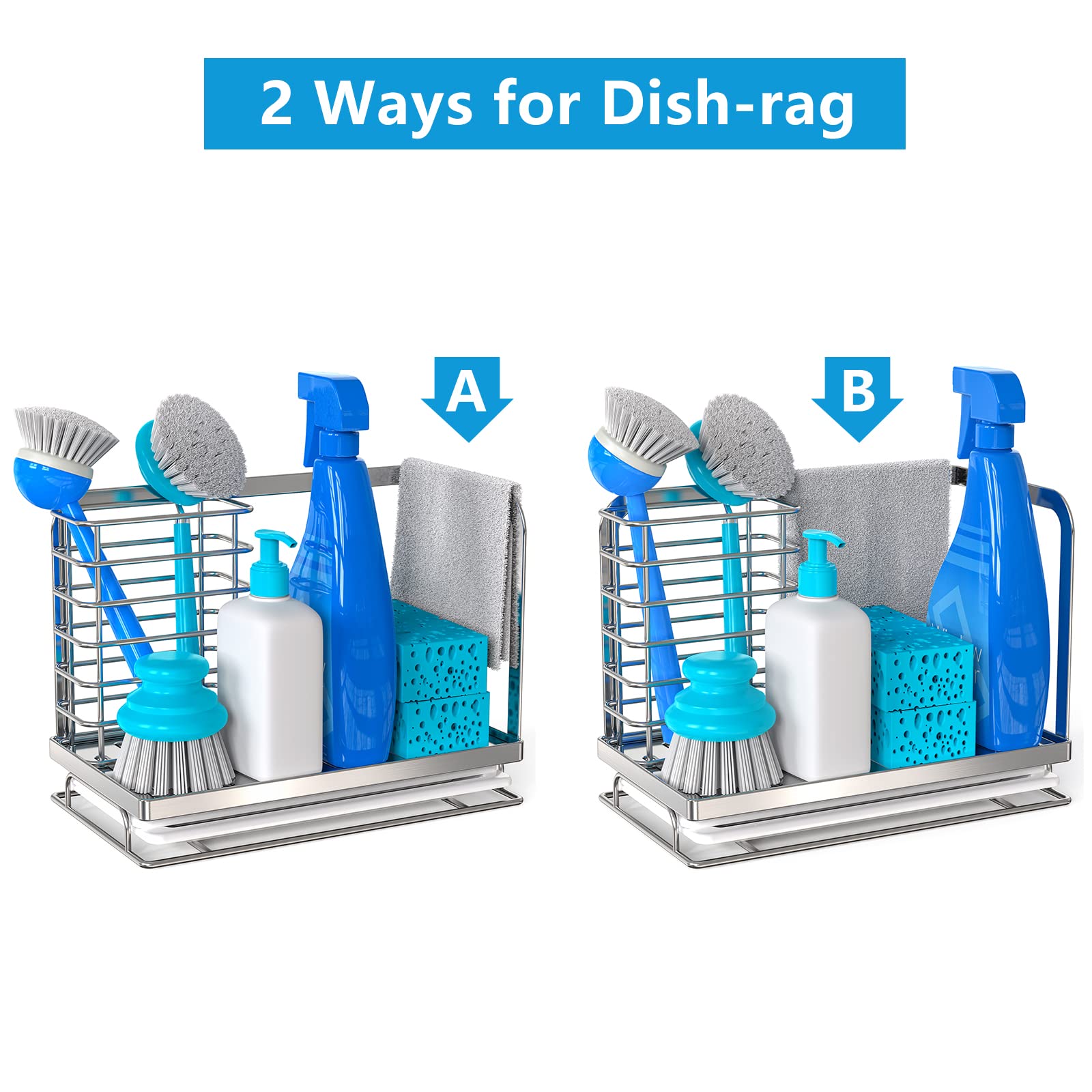 FixOwl Kitchen Sink Caddy Organizer 304 Stainless Steel Sponge Holder Dish Soap Brush Scrubber Countertop Rack, Rustproof, Silver