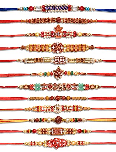 IndoTribe Rakhi for Brother - Set of 12, Rakhi for Brother and Bhabhi | Lumba Rakhi For Brother with Gift Set | Rakhi with Roli Chawal, Card | Brother Bhaiya Bhabhi Rakhi | Raksha Bandhan Rakhi