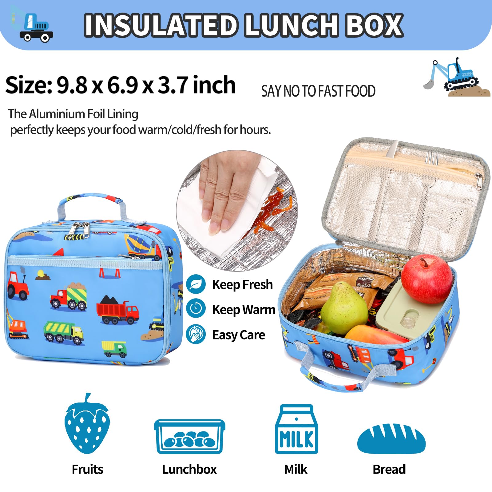 AUIVTY Preschool Backpack for Boys, Kids Backpack with Lunch Box Construction Backpack for Preschool Kindergarten Daycare and Travel, Car School Bookbag with Chest Buckle (Construction-Light Blue)