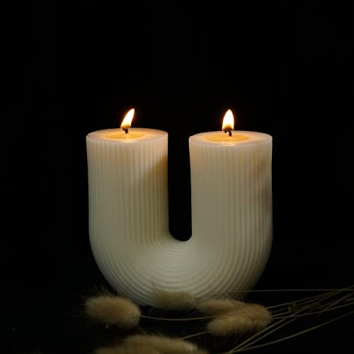 Large U Shaped Candle Aesthetic Ribbed Candles Minimalist Geometric Shaped Candles Soy Wax Scented Candle Art Decorative Handmade U Shape Candle for Wedding Spa Yoga Birthday Christmas Gift (White)