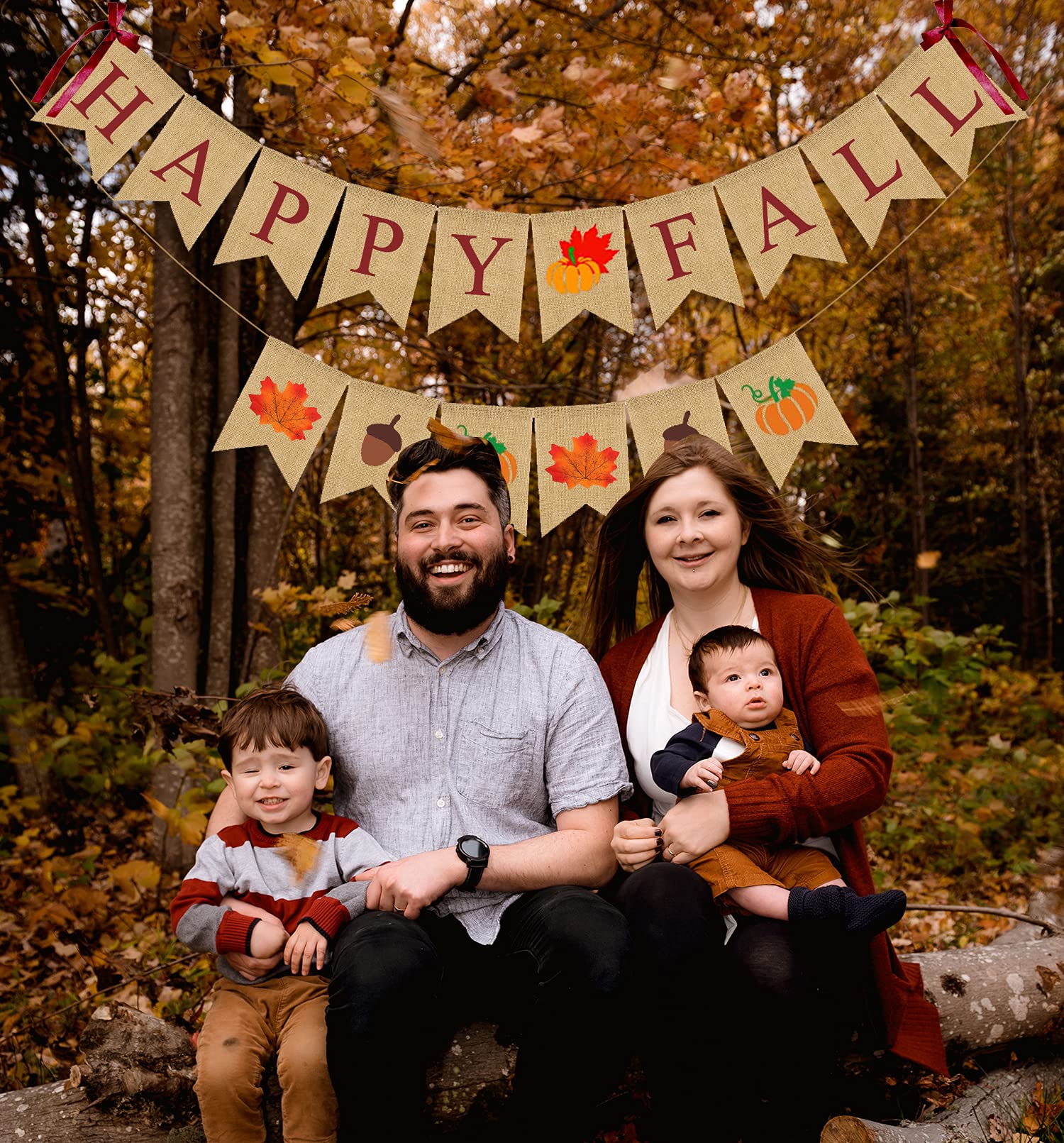 JOZON Happy Fall Burlap Banner Happy Fall Bunting Banner Garland with Pumpkins Maple Leaves Acorn Sign for Autumn Party Decorations Thanksgiving Fall Harvest Decor for Mantle Fireplace Wall