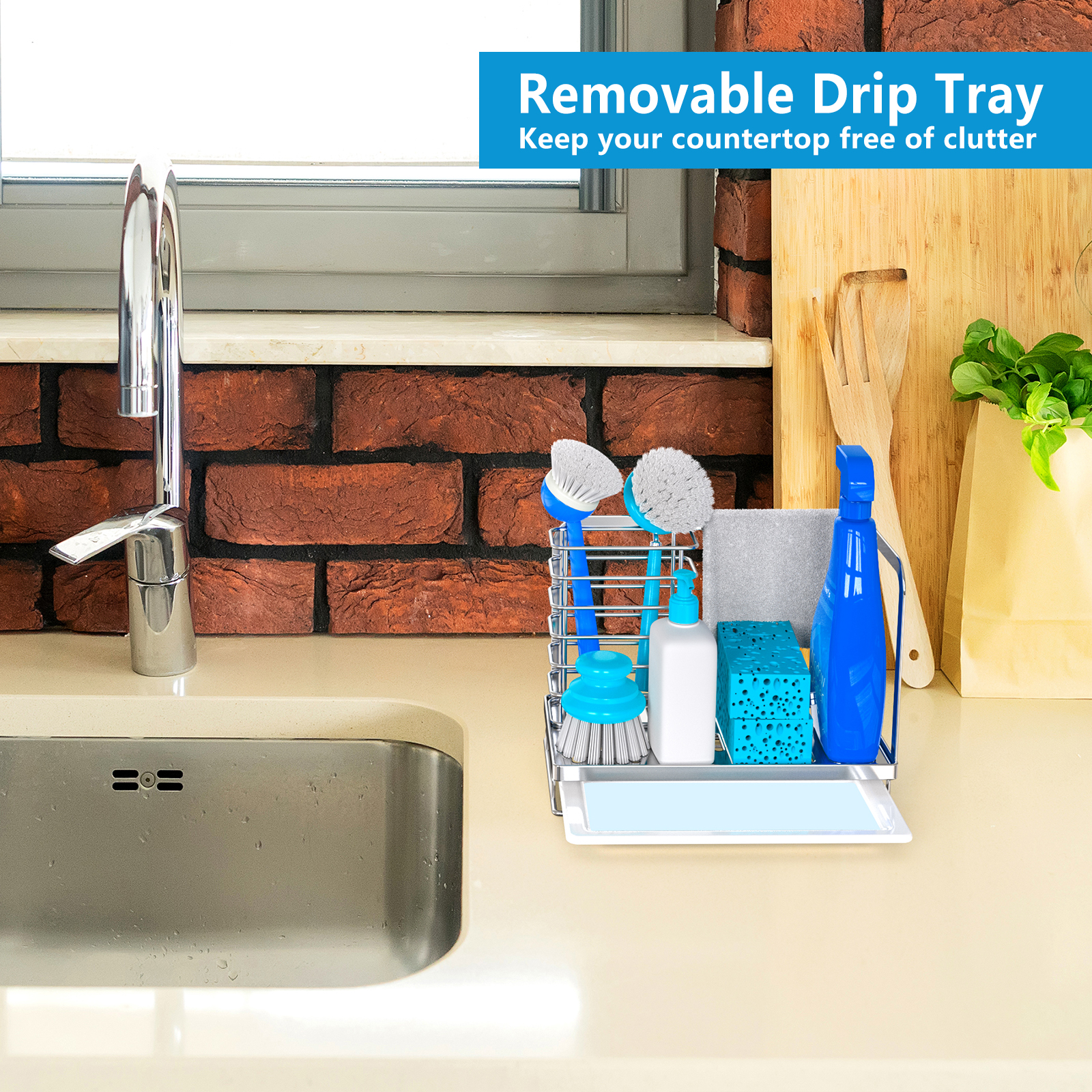 FixOwl Kitchen Sink Caddy Organizer 304 Stainless Steel Sponge Holder Dish Soap Brush Scrubber Countertop Rack, Rustproof, Silver