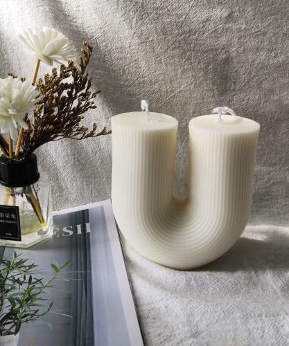 Large U Shaped Candle Aesthetic Ribbed Candles Minimalist Geometric Shaped Candles Soy Wax Scented Candle Art Decorative Handmade U Shape Candle for Wedding Spa Yoga Birthday Christmas Gift (White)