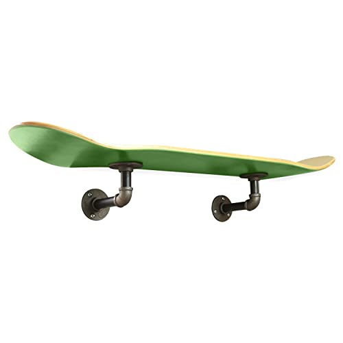 Floating Industrial Style Skateboard Deck Shelf with Pipe Mounting System – Custom Made Indoor Skate Shelving - Maple Wall Mount - 7.75" Stained Green Bottom