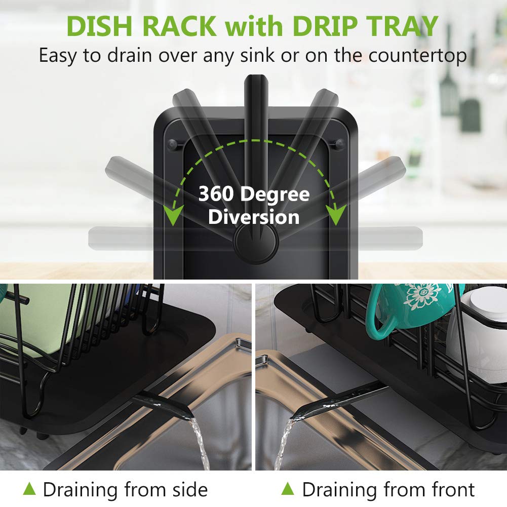 1Easylife Dish Drying Rack, Dish Drainer for Kitchen Rustproof Dish Rack and Drainboard Set with Removable Utensil Holder and Adjustable Swivel Spout, Countertop or in Sink Dry Rack (Black)