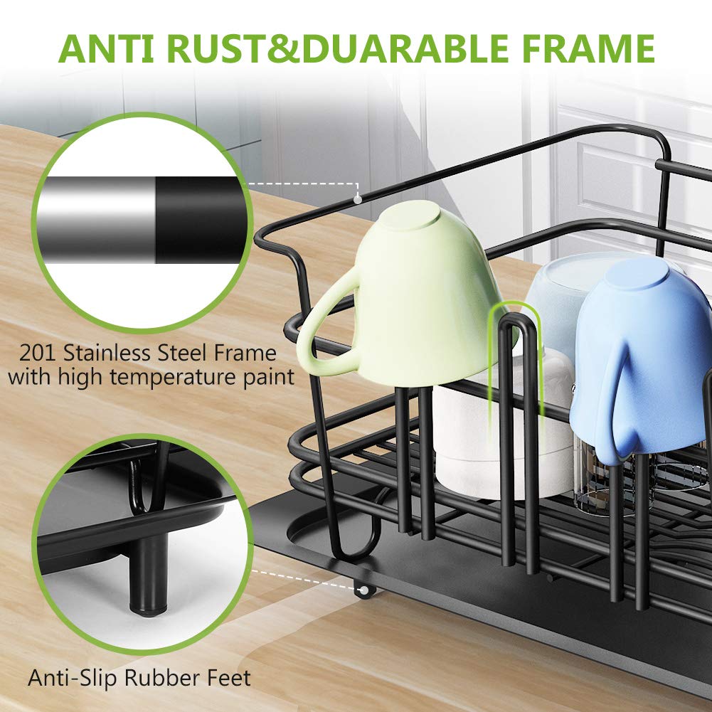 1Easylife Dish Drying Rack, Dish Drainer for Kitchen Rustproof Dish Rack and Drainboard Set with Removable Utensil Holder and Adjustable Swivel Spout, Countertop or in Sink Dry Rack (Black)