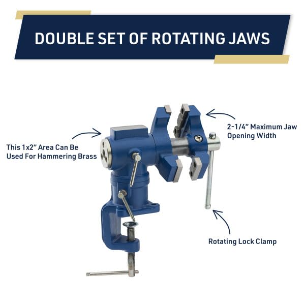 Universal Bench Vise Grip - Multi-Position Modular Cast Iron Woodworking and Metal Working Table Vise with 2 Rotating Jaws and Anvil - Portable Grip with 2-1/4" Max Jaw Opening by Kings County Tools
