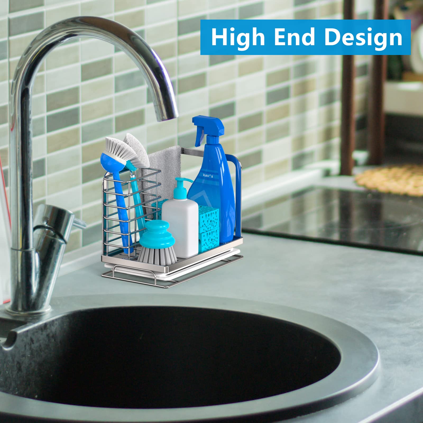 FixOwl Kitchen Sink Caddy Organizer 304 Stainless Steel Sponge Holder Dish Soap Brush Scrubber Countertop Rack, Rustproof, Silver