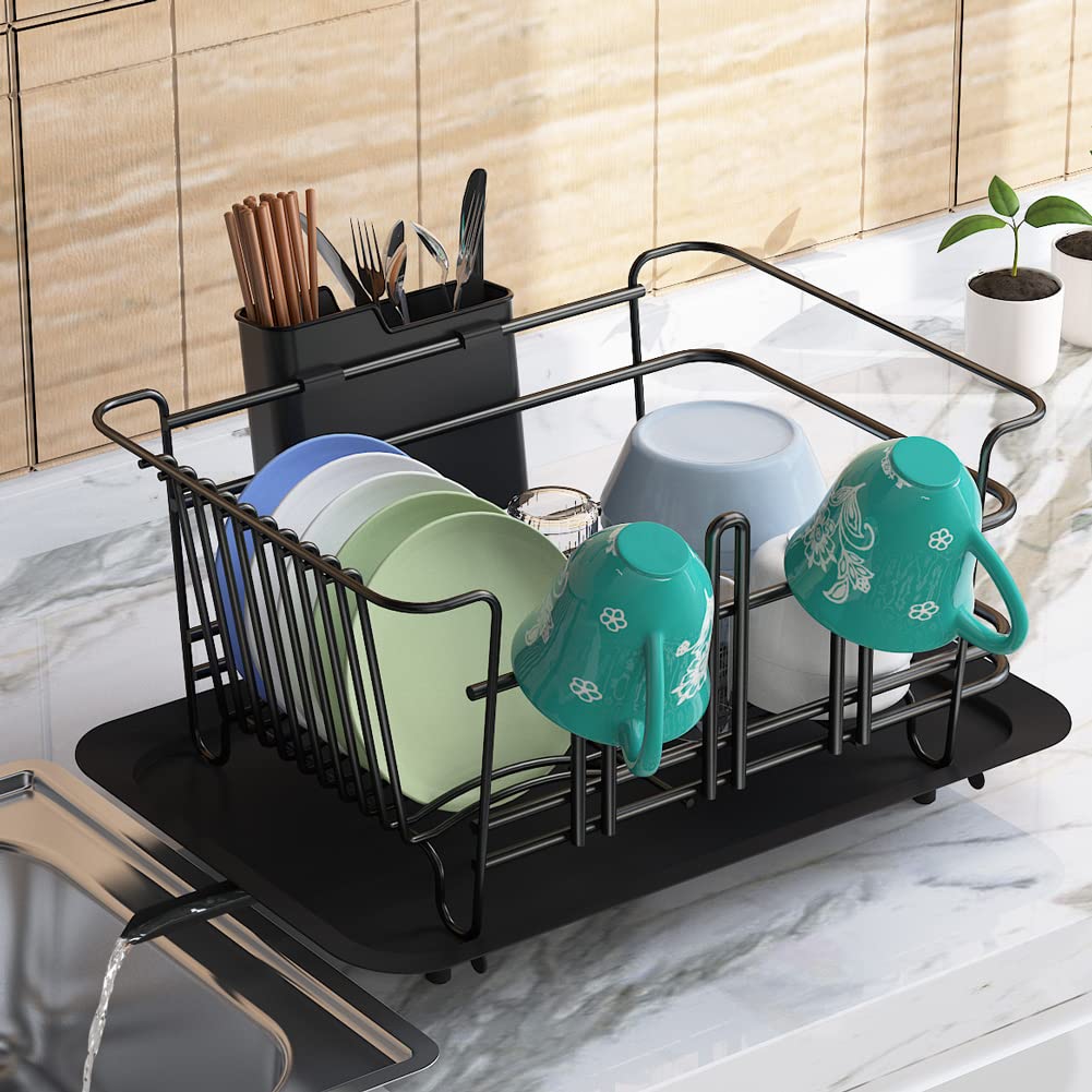 1Easylife Dish Drying Rack, Dish Drainer for Kitchen Rustproof Dish Rack and Drainboard Set with Removable Utensil Holder and Adjustable Swivel Spout, Countertop or in Sink Dry Rack (Black)