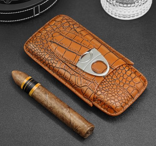 wanbro Cigar Case, 3pcs Holder, Cigars Travel Case, Leather Made Cigar Humidor with Stainless Cutter, Fashion Father's Day gift for men dad