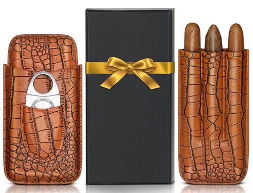 wanbro Cigar Case, 3pcs Holder, Cigars Travel Case, Leather Made Cigar Humidor with Stainless Cutter, Fashion Father's Day gift for men dad