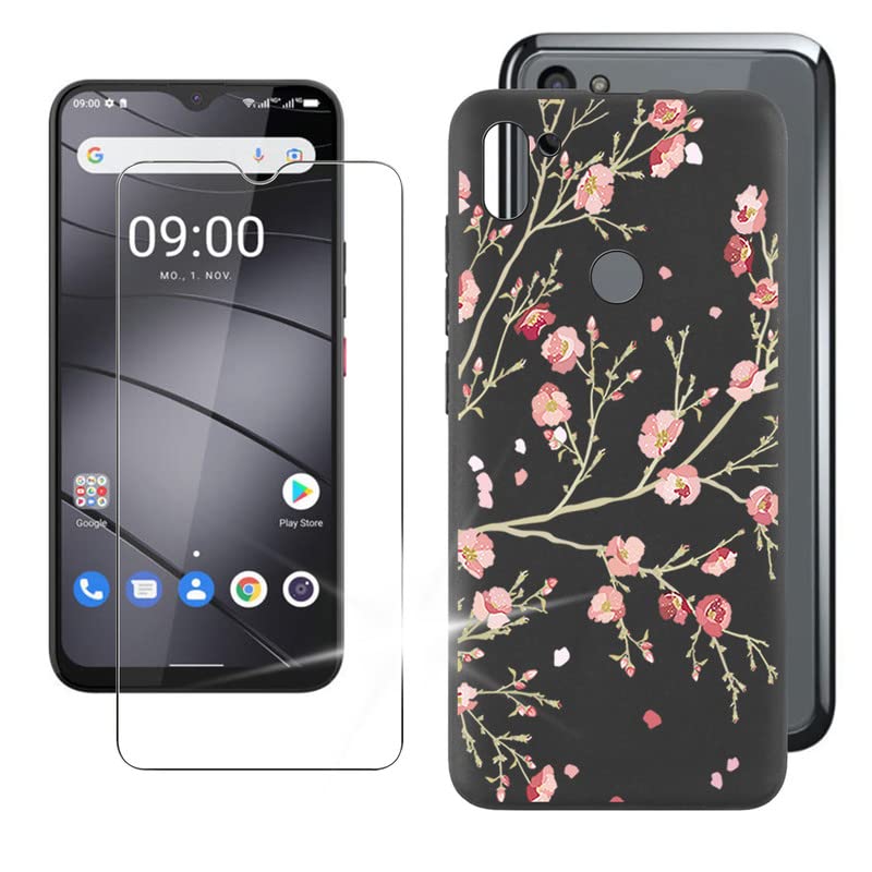 Ikiiqii Cover for Gigaset GS5 Lite (6.30") case Shell Soft Silicone TPU Black Phone Protective Cases + 9H Hardness HD Tempered Glass Screen Protector Film Protection -Peach Blossom