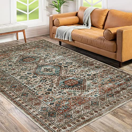 Fashionwu Farmhouse Rug 8 x 10 Vintage Rug Machine Washable Rugs Tribal Boho Rug for Bedroom Living Room Area Rug Printed Traditional Madallion Accent Rug Moroccan Floor Cover Carpet (8' x 10')