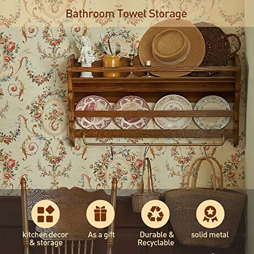 Wooden Rustic Floating Shelf, Wood Floating Shelf with Towel Holder and 5 Hooks, Farmhouse Wall Shelf for Dishes Books Mail Bill, Entryway Floating Shelf for Kitchen Bedroom Nursery Bathroom