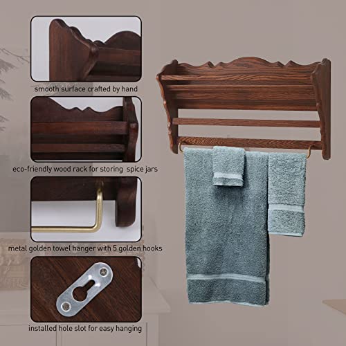 Wooden Rustic Floating Shelf, Wood Floating Shelf with Towel Holder and 5 Hooks, Farmhouse Wall Shelf for Dishes Books Mail Bill, Entryway Floating Shelf for Kitchen Bedroom Nursery Bathroom