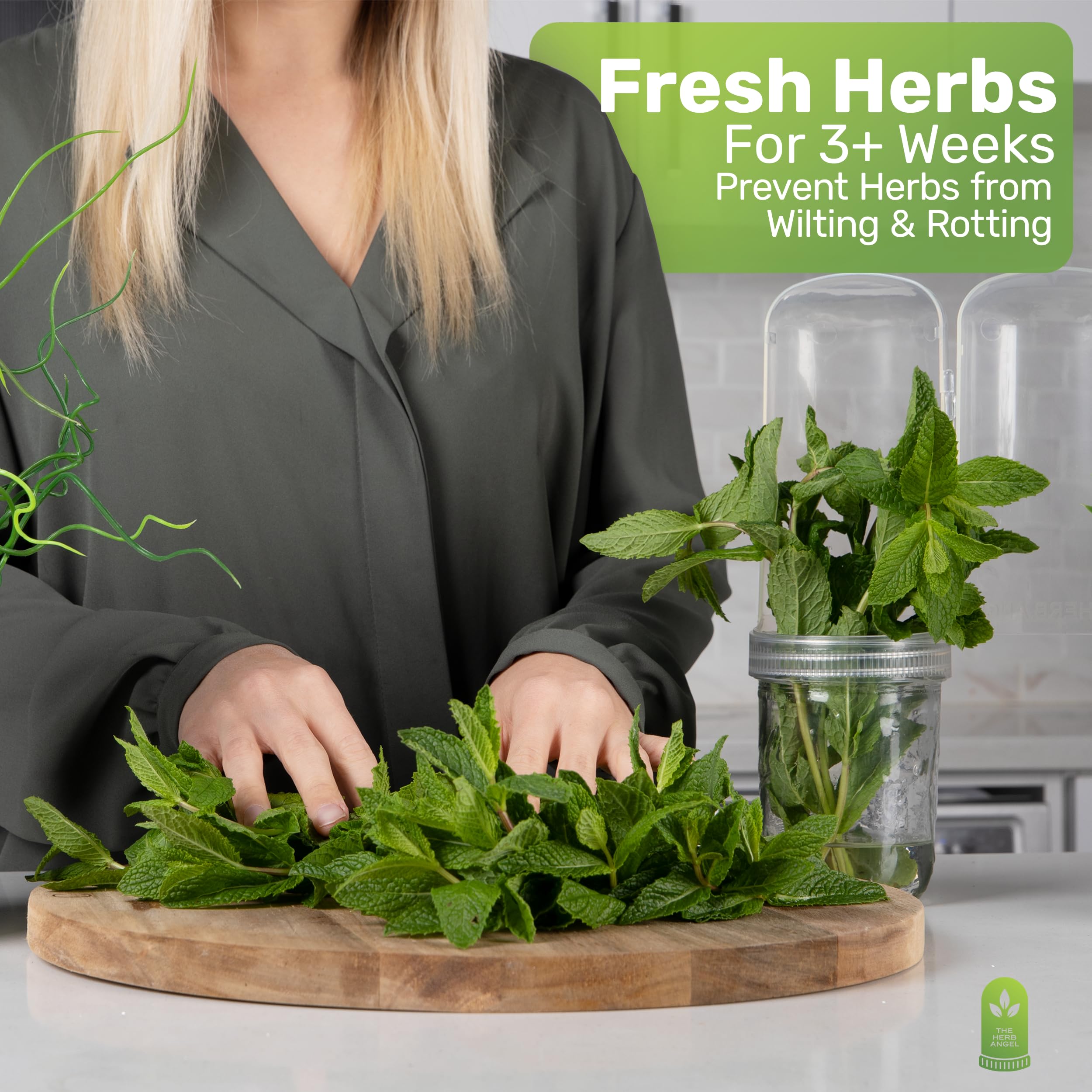 The Herb Angel Mason Jar Herb Lid - Fresh Herb Keeper - Herb Saver Pod for Cilantro, Parsley, Basil, Chives, Mint and More - Herb Storage Container for Refrigerator