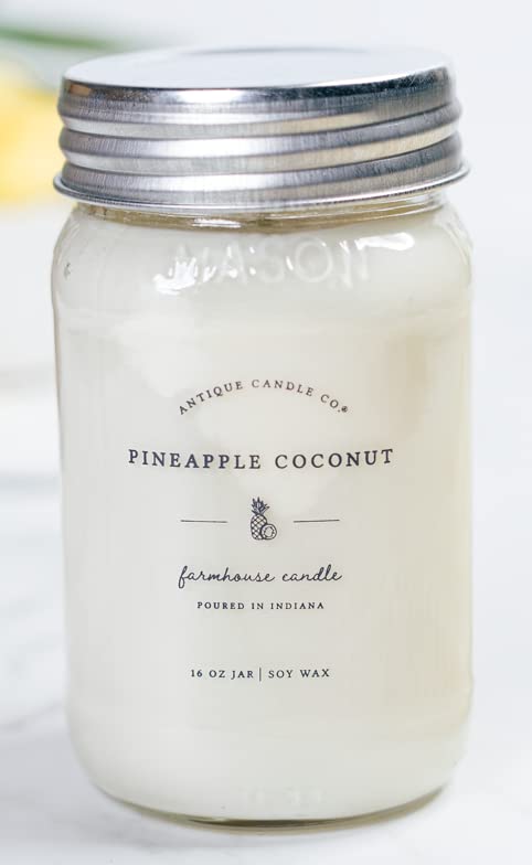 Antique Candle Co.® Pineapple Coconut 16 Ounce Soy Wax Candle, 80 Hour Burn Time, Cotton Wick, Mason Jar Candle (Pineapple Coconut)