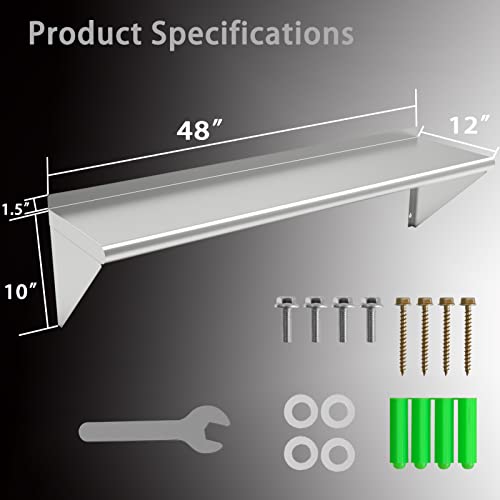 HAHAKU Wall Stainless Steel Metal Shelf 12"*48", Commercial Wall Mount Floating Shelving Heavy Duty 280 lbs for Restaurant, Bar, Utility Room, Kitchen and Garag